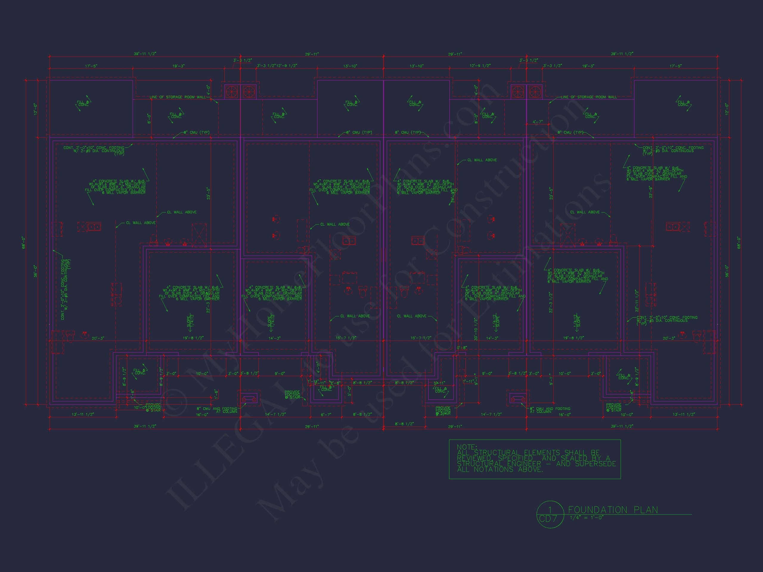 Architectural House Blueprint - 4-Unit Townhouse Floor Plan Designs